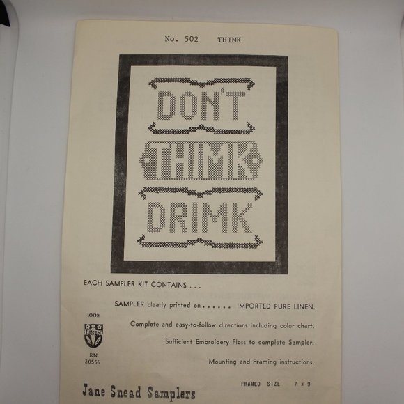 Jane Snead Samplers | Art | Needlework Kit Dont Thimk Drimk | Poshmark